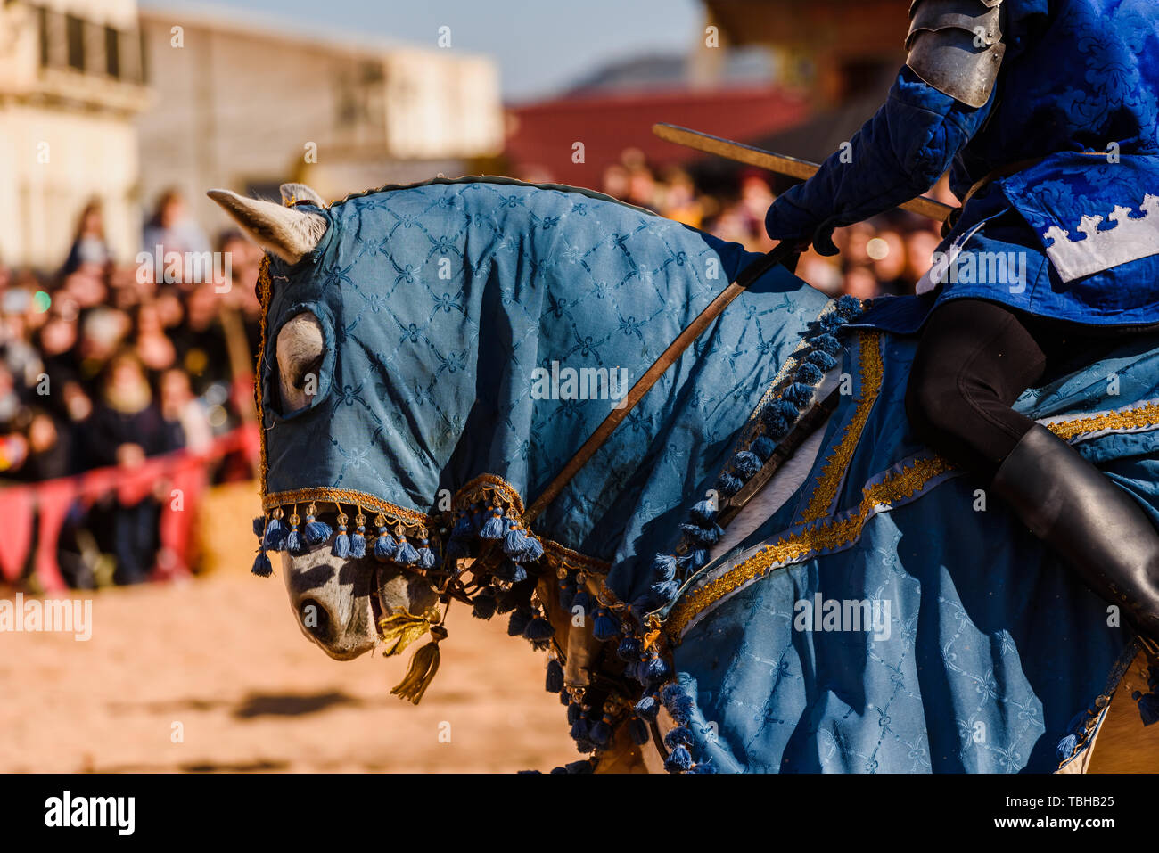 Detail of the armor of a knight mounted on horseback during a display ...