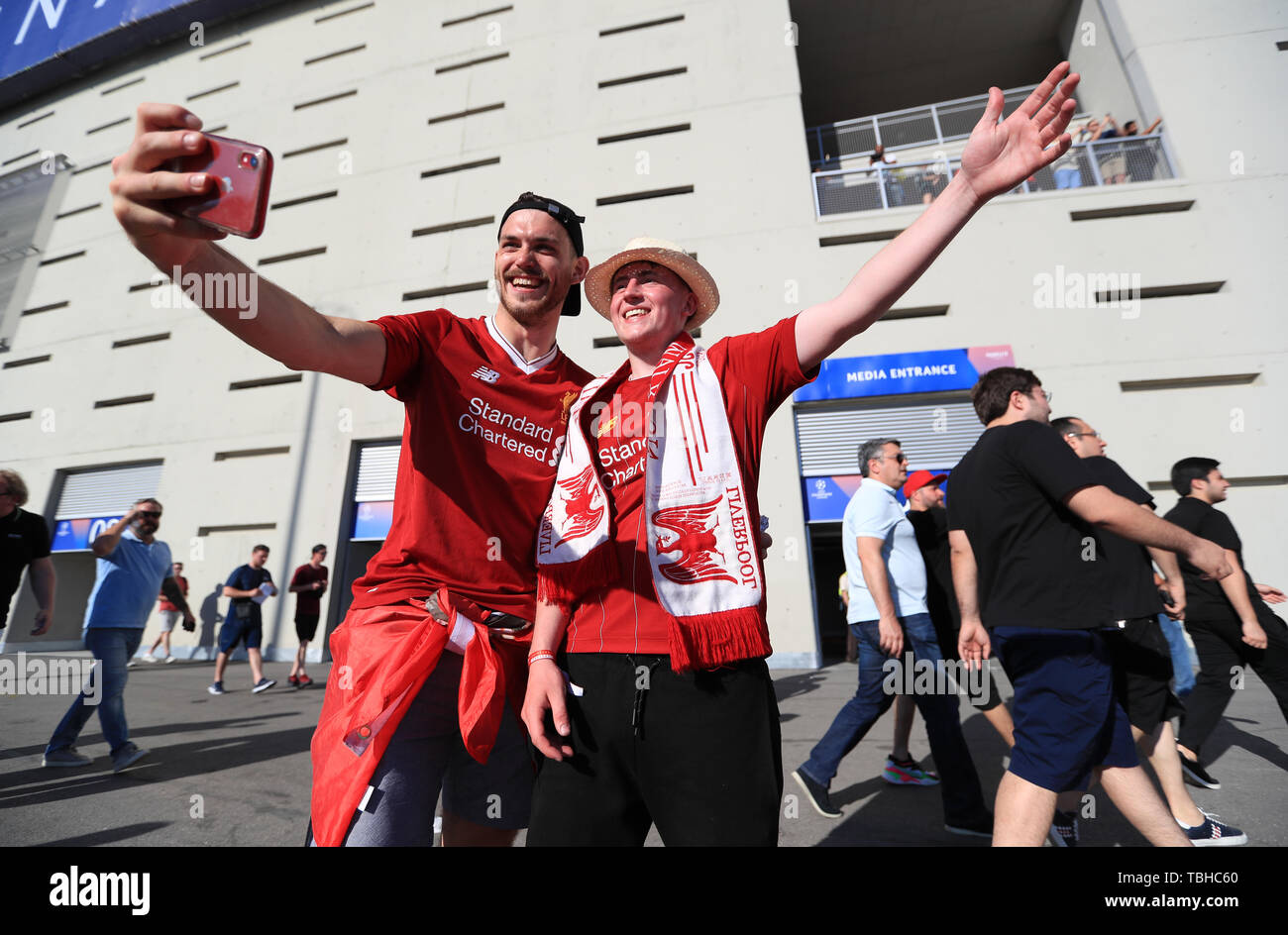 Liverpool fans take a selfie before the UEFA Champions League Final at ...