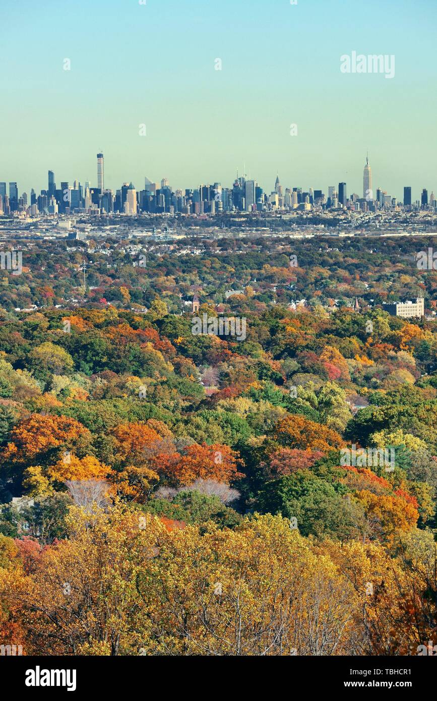 New York City skyline viewed from park with Autumn foliage Stock Photo ...