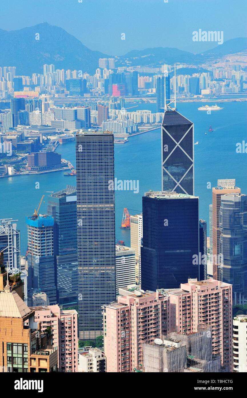 Hong Kong aerial view panorama with urban skyscrapers and sea Stock ...