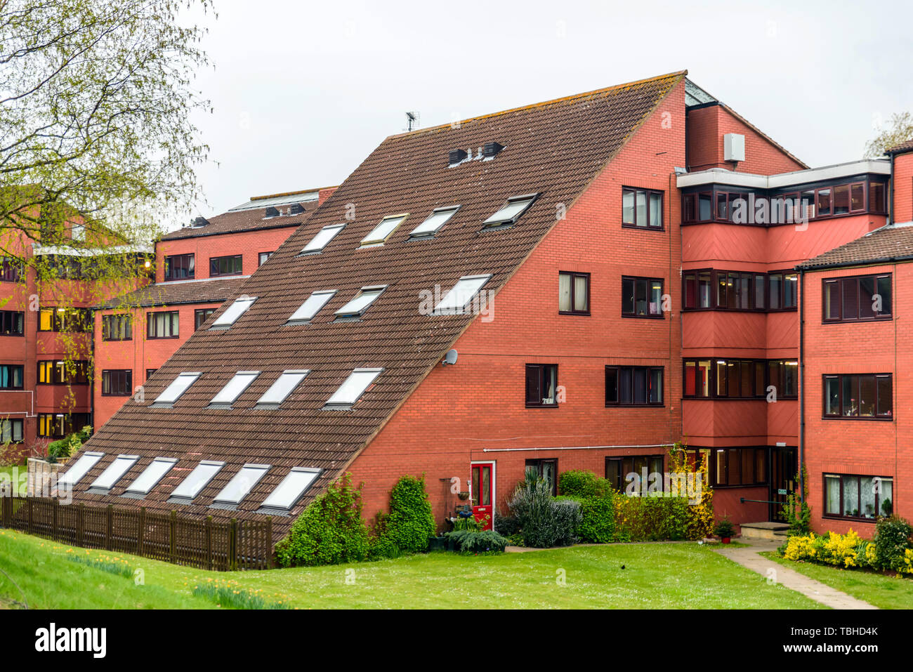 Northampton, UK - April 16th 2019: 45 degree angle wall of red brick ...
