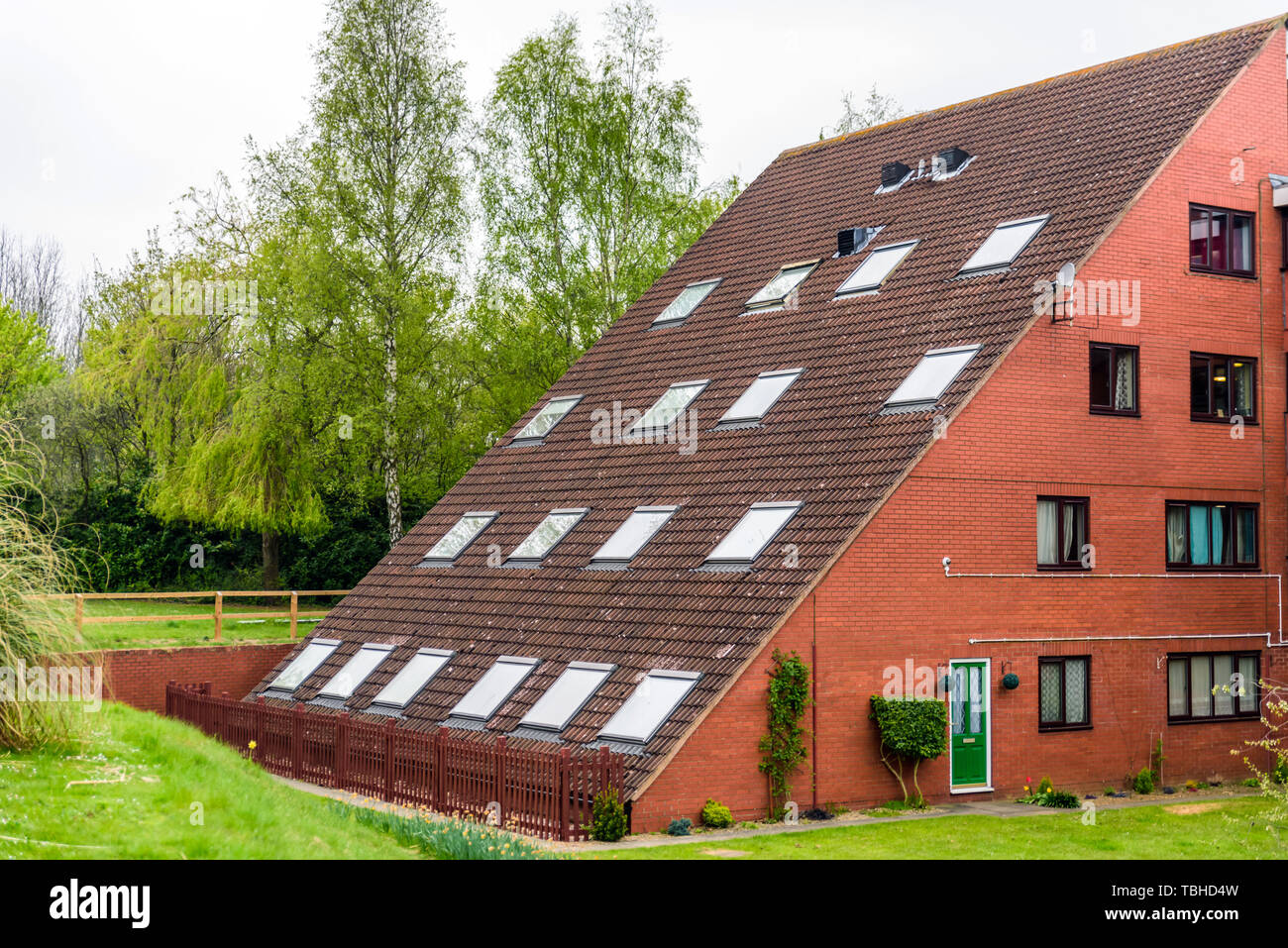 Northampton, UK - April 16th 2019: 45 degree angle wall of red brick ...