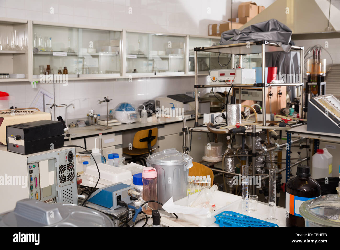 Chemical lab interior with lab equipment and glassware Stock Photo - Alamy