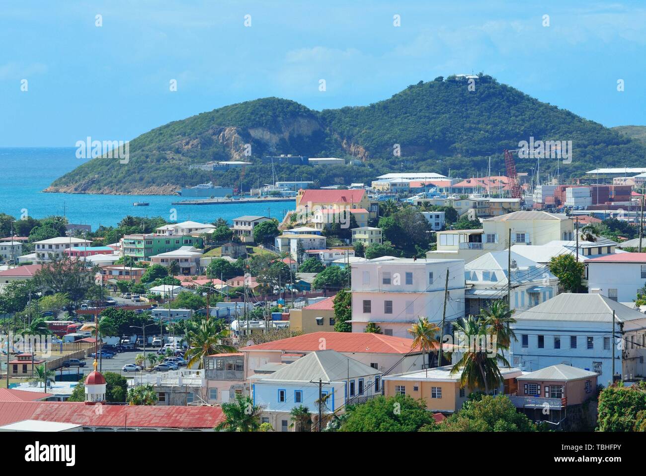 Virgin Islands St Thomas harbor view with islands building and mountain ...