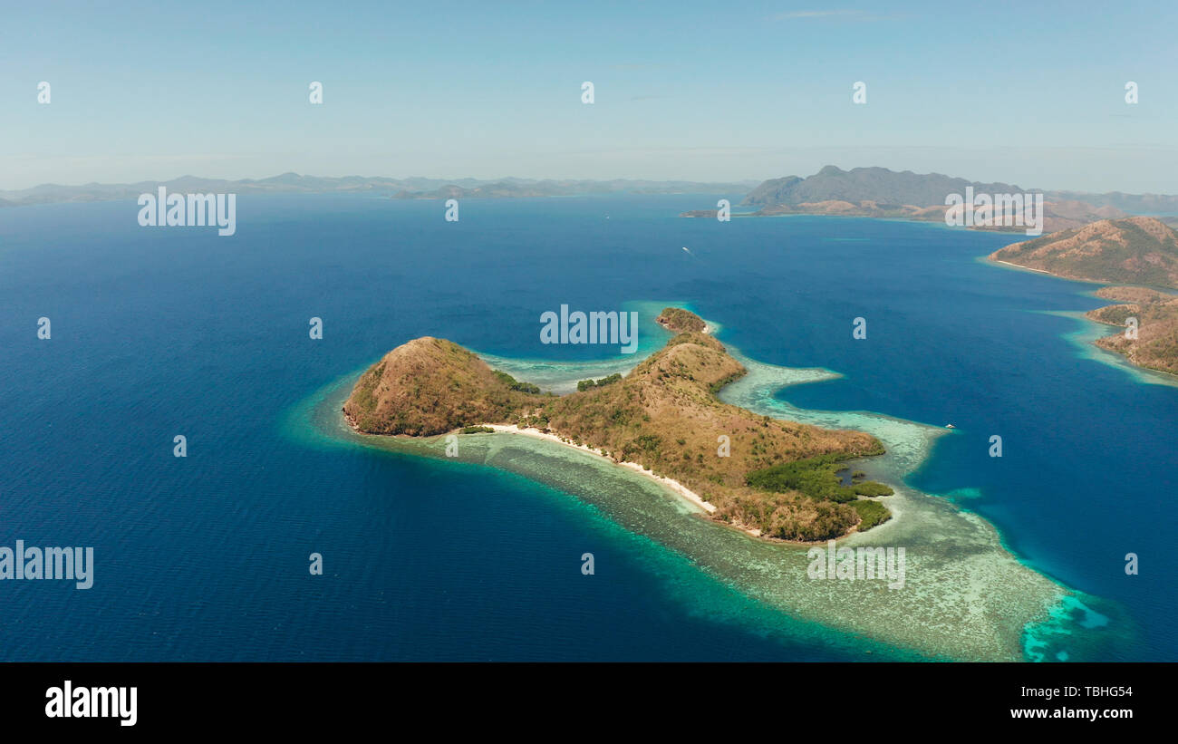 aerial tropical landscape islands with blue lagoons, coral reef and ...