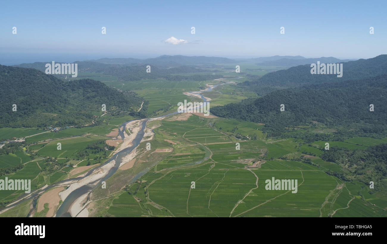 Mountain valley with river, farmland, rice fields. Aerial view of ...