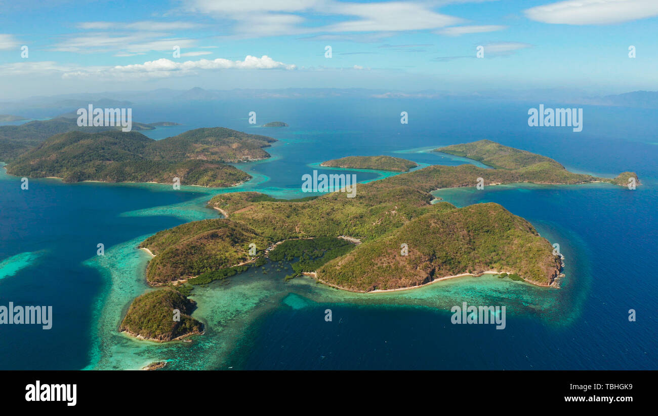 aerial seascape Lagoons with blue, azure water in middle of small ...