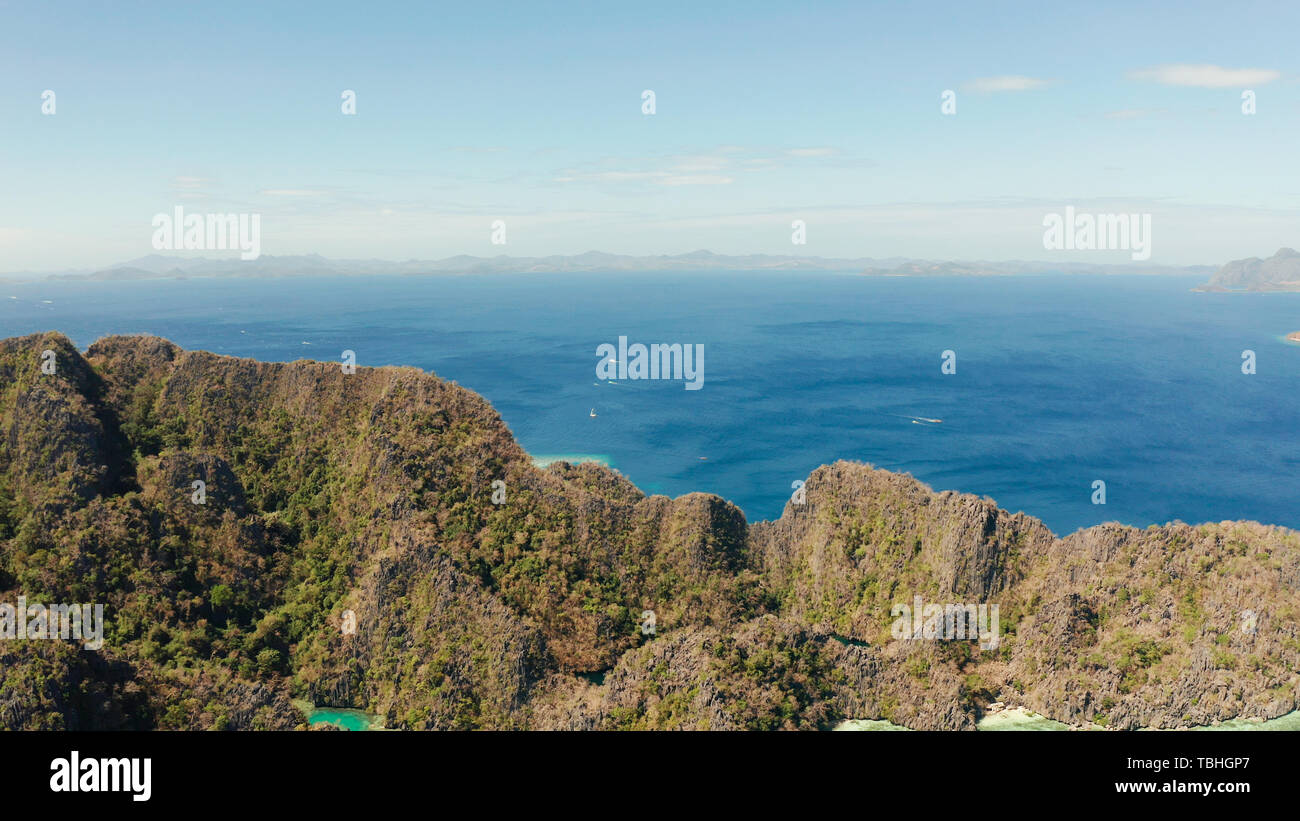 aerial view tropical islands with blue lagoons, coral reef and sandy ...