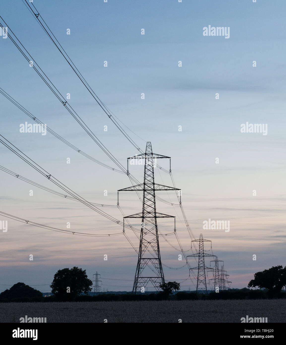 Electricity pylons at sunset looking back over power station Stock ...
