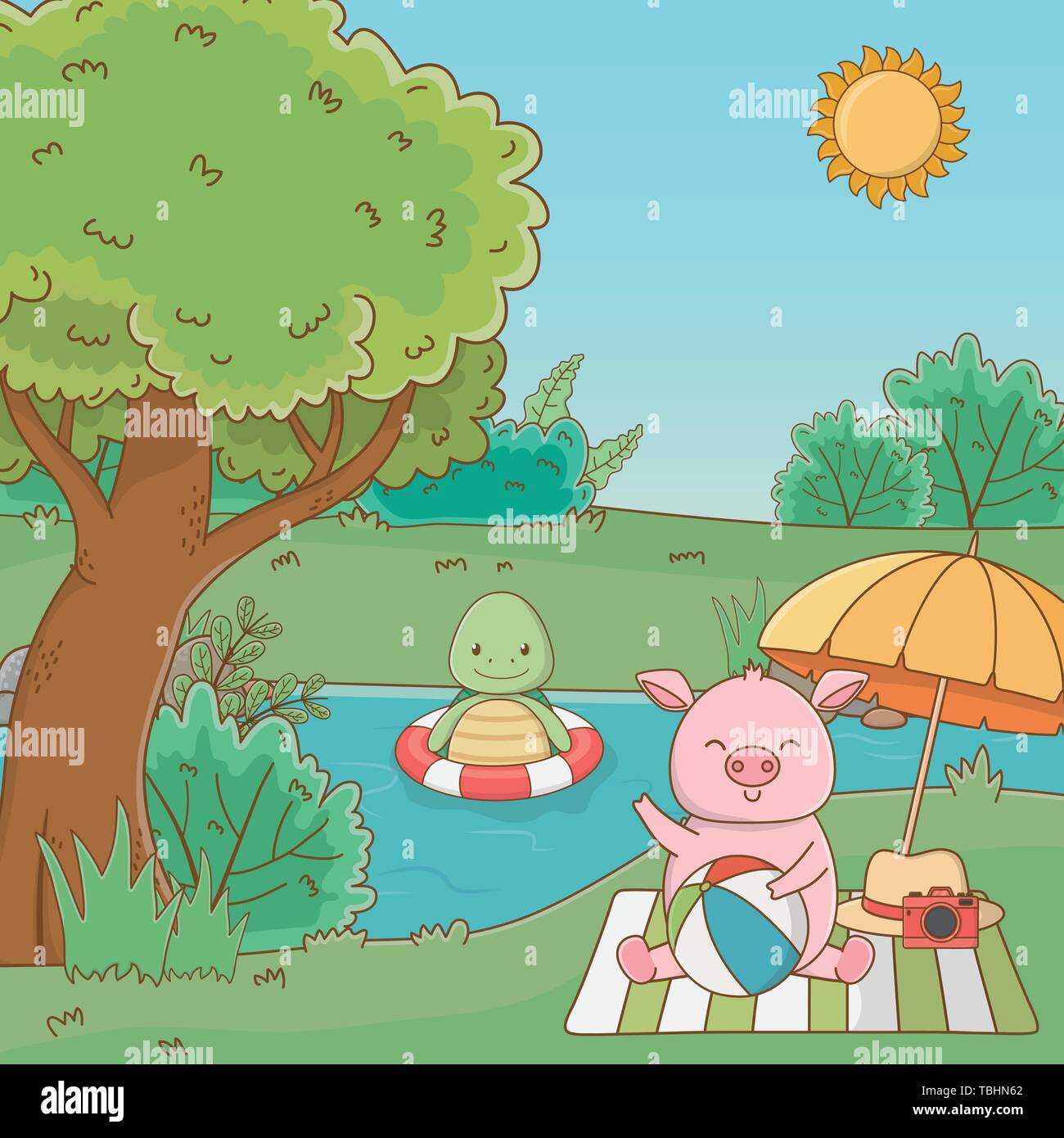 Turtle and pig cartoon design, Summer vacation tourism and season theme ...