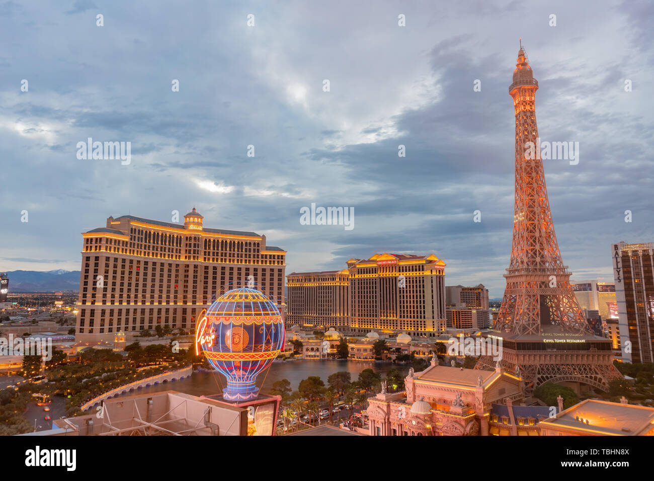 Los Angeles, MAY 15: Twilight aerial view of the Paris Las Vegas and ...