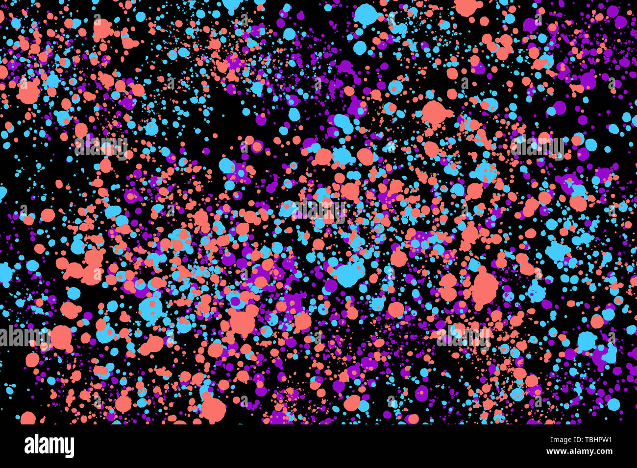 Neon cyan, purple and coral random round paint splashes on black ...
