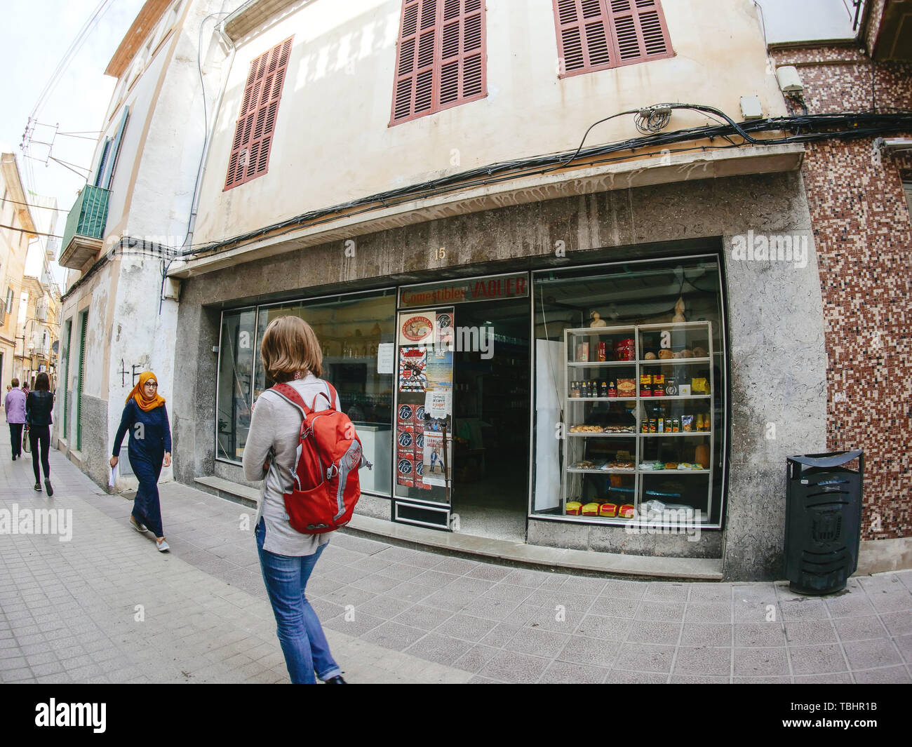 FELANITX MAJORCA SPAIN - MAY 9 2018: Woman Caucasian and arab walking ...