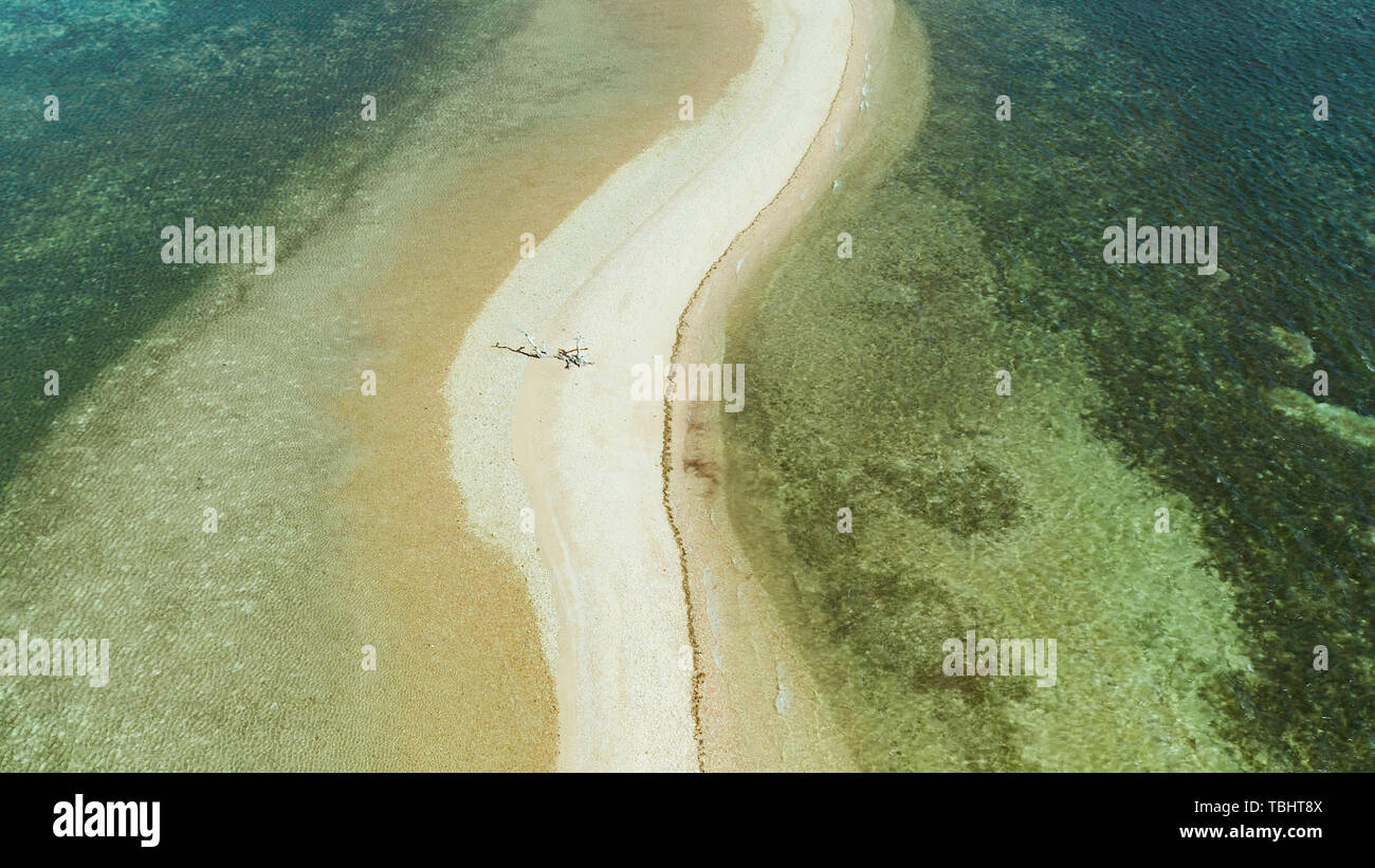 Aerial drone tropical island in blue lagoon with sand bar. Palawan ...