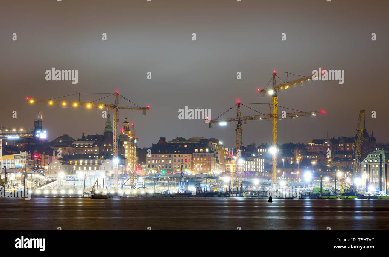 Night picture of Slussen reconstruction work in Stockholm, Sweden Stock ...