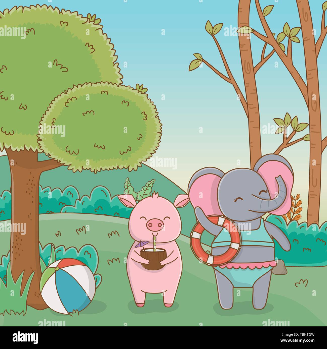 Pig and elephant cartoon design, Summer vacation tourism and season ...