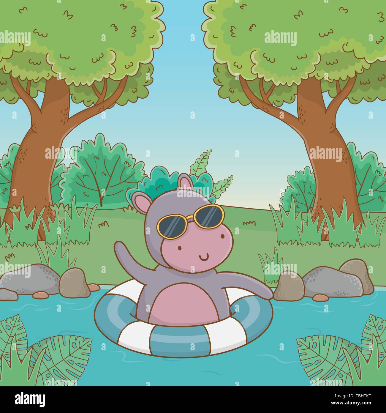 cute animal hippopotamus enjoying summer vacations, relax leisure ...