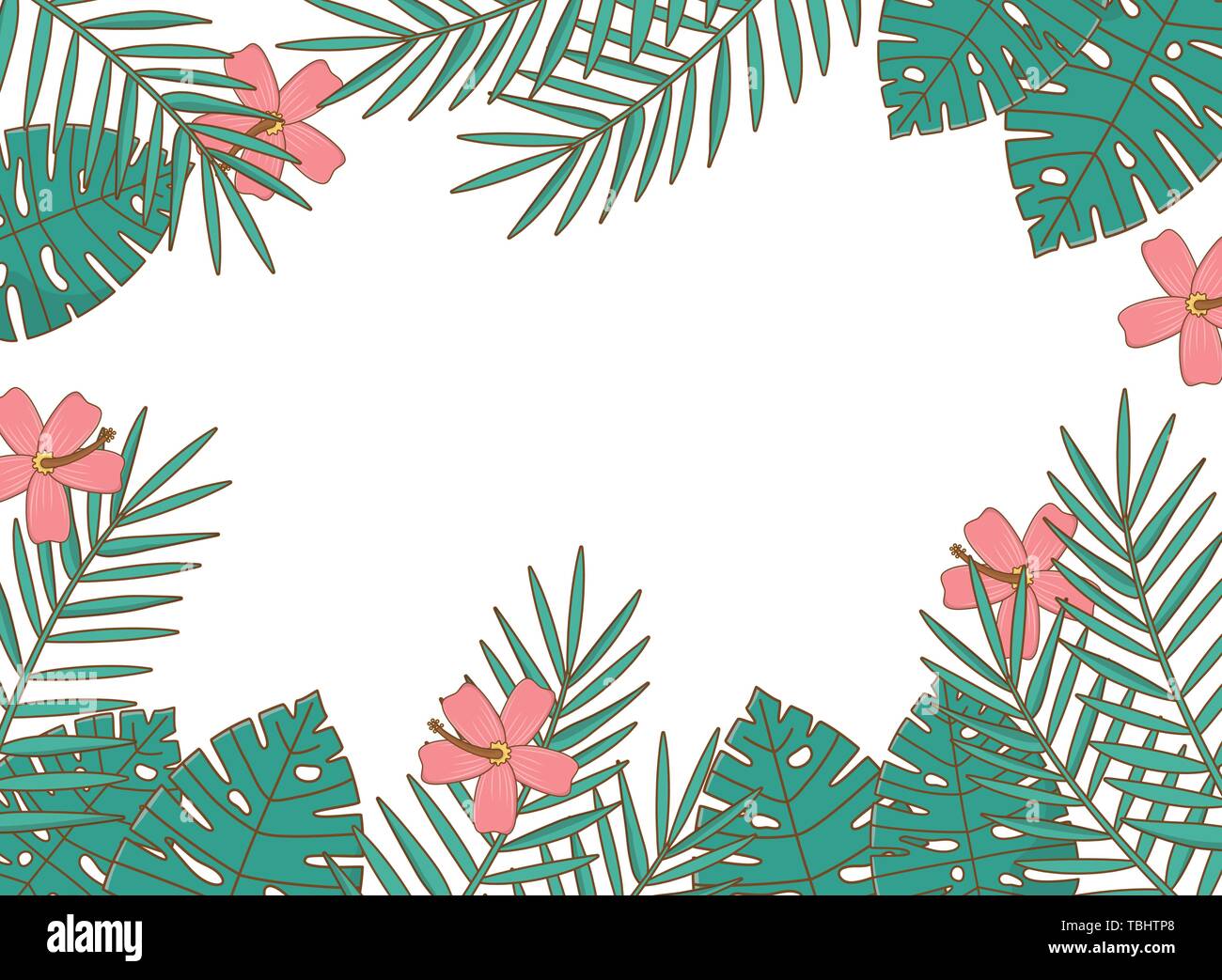 Tropical summer frame with flowers and leaves vector illustration ...