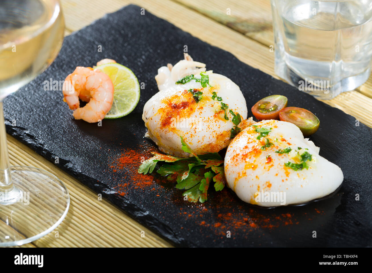 Dish of Mediterranean cuisine – roasted cuttlefish with paprika and ...