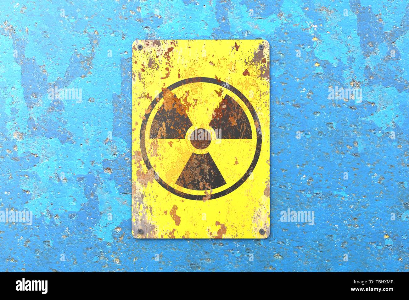 Nuclear site, sign hanging on a blue wall. Indication of the presence ...