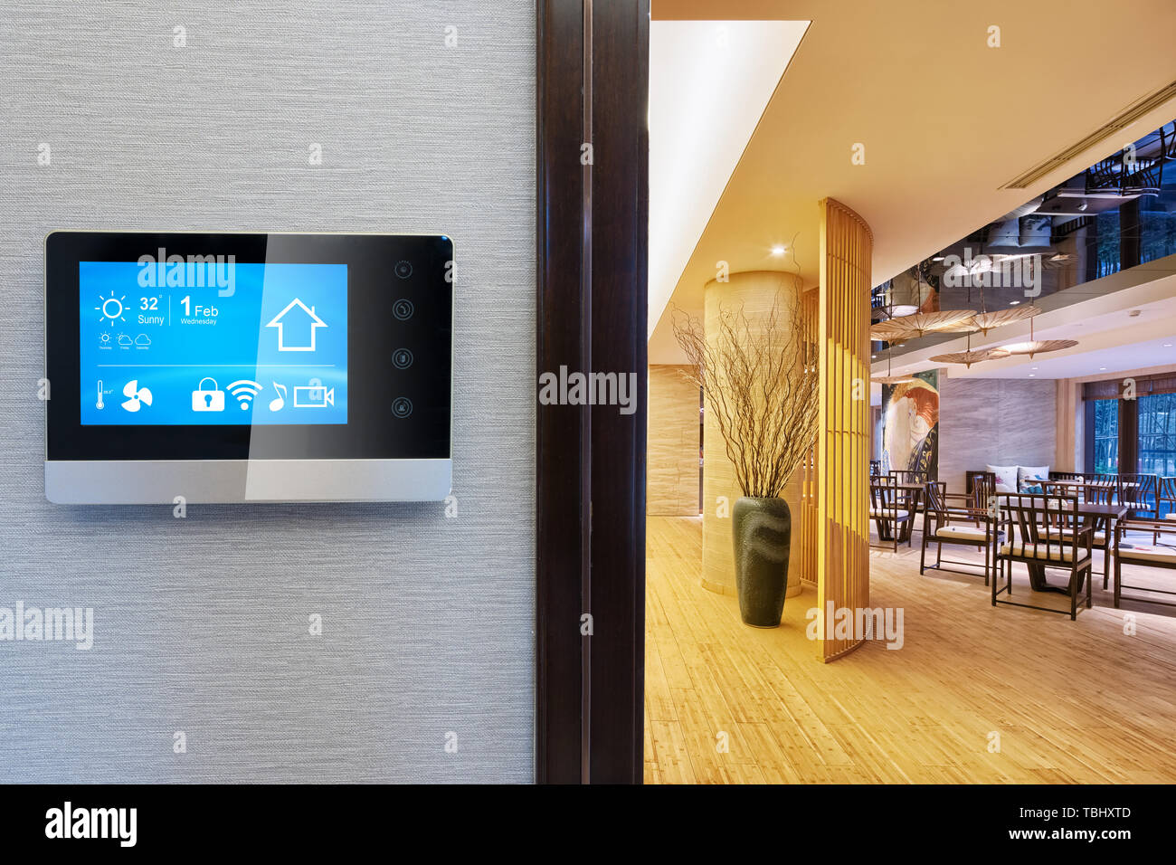 smart screen with smart home and modern dining room Stock Photo - Alamy
