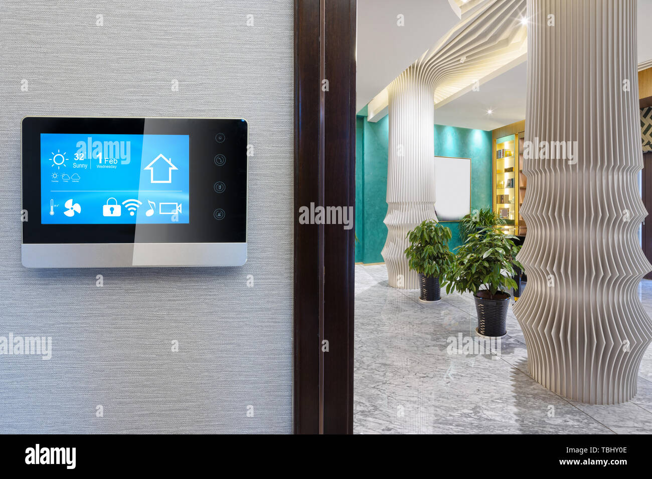 smart screen with smart home and modern living room Stock Photo - Alamy