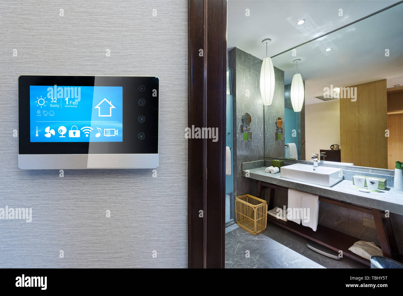 smart screen with smart home and modern bathroom Stock Photo - Alamy