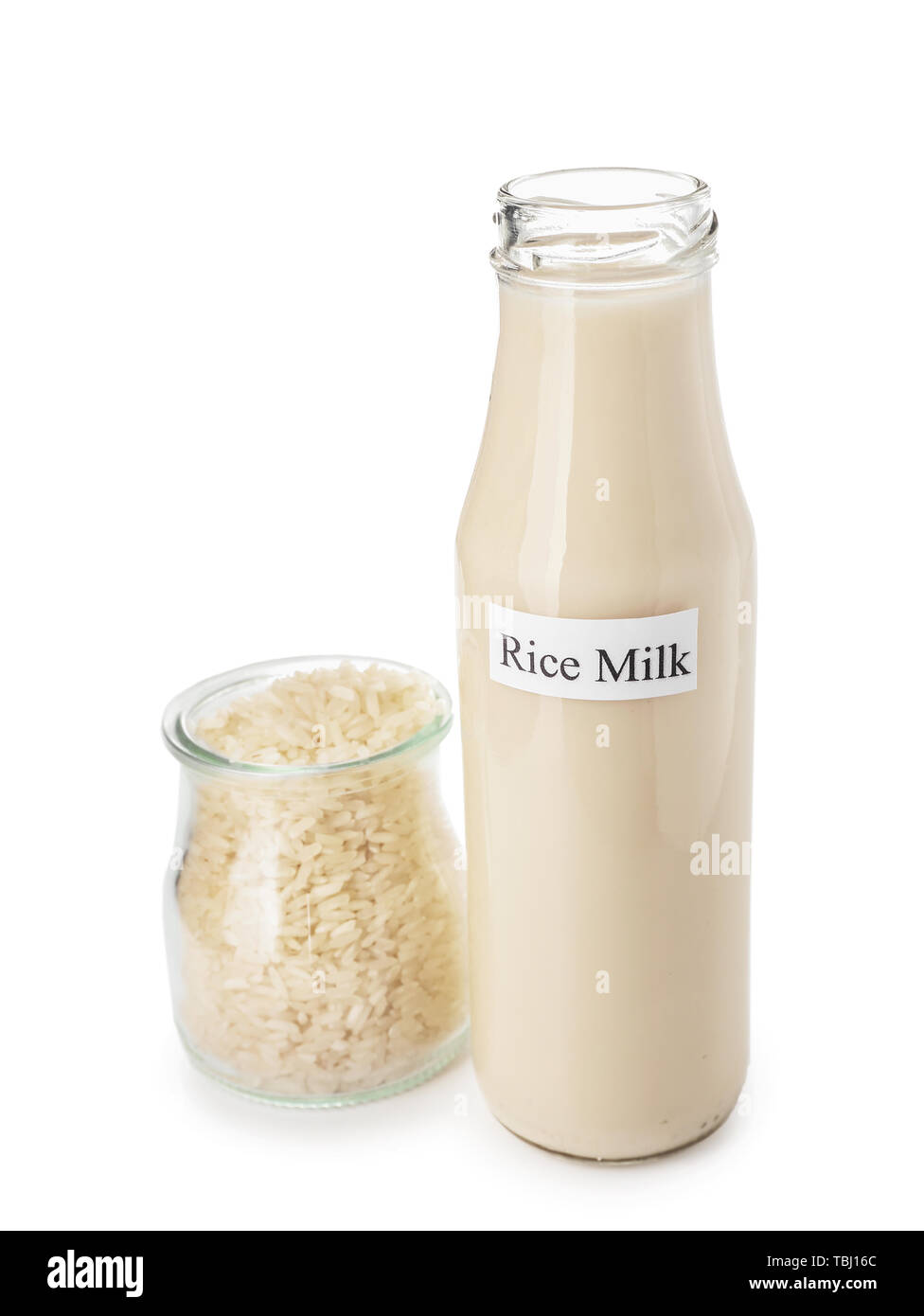 Bottle of rice milk on white background Stock Photo - Alamy