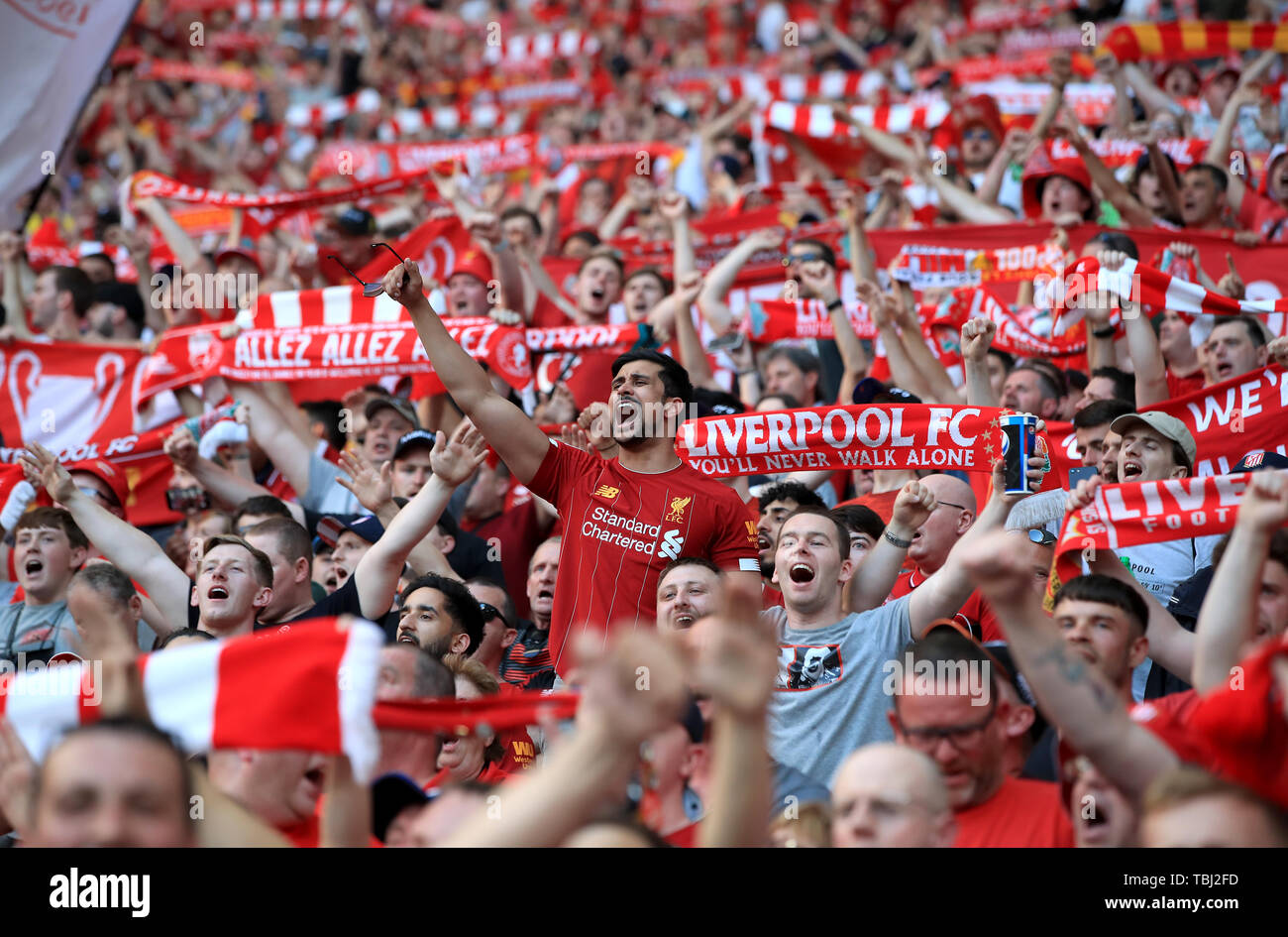 Liverpool fans show their support in the stands during the UEFA ...