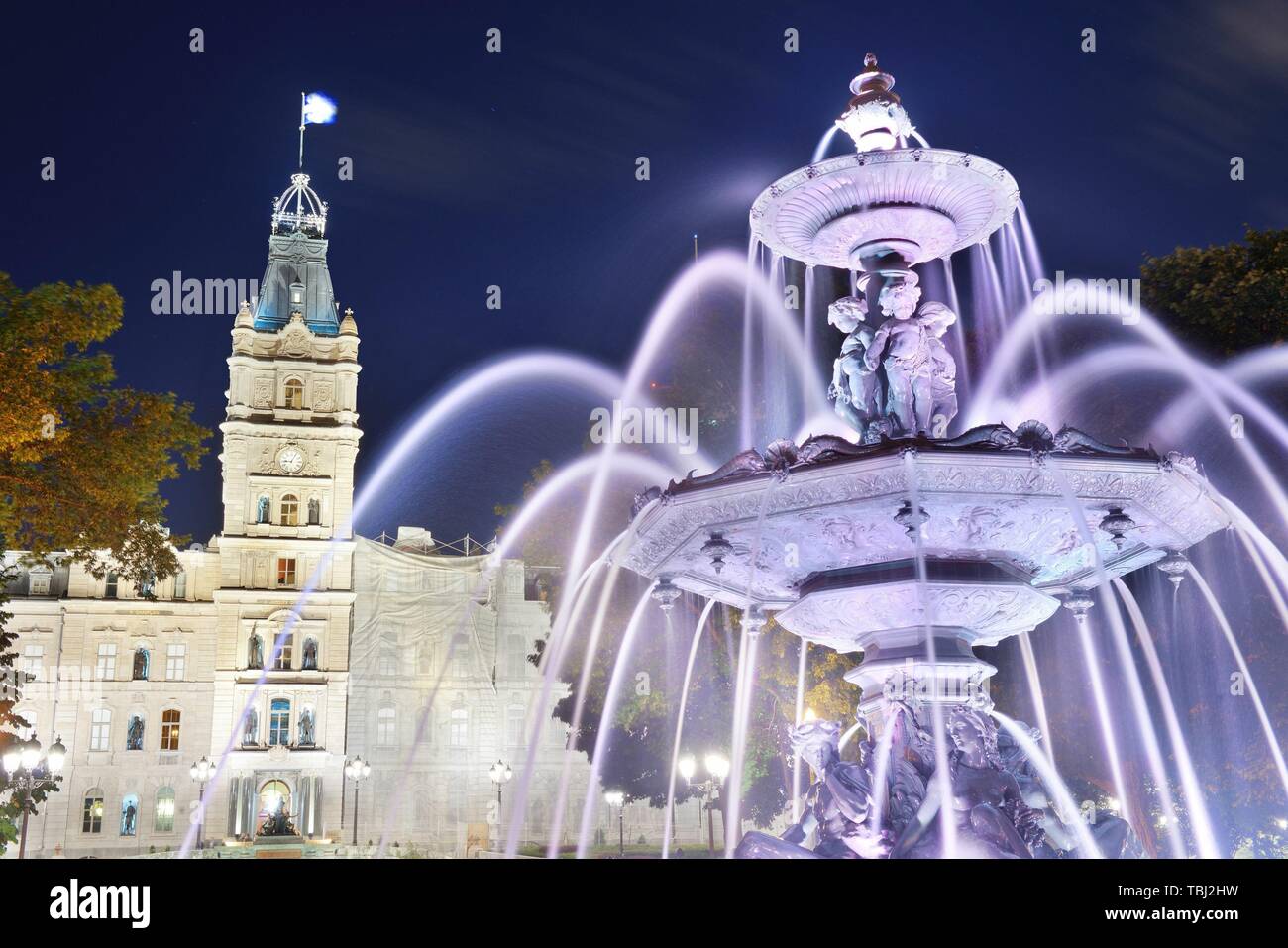Parliament Building and fountain at night in Quebec City Stock Photo ...