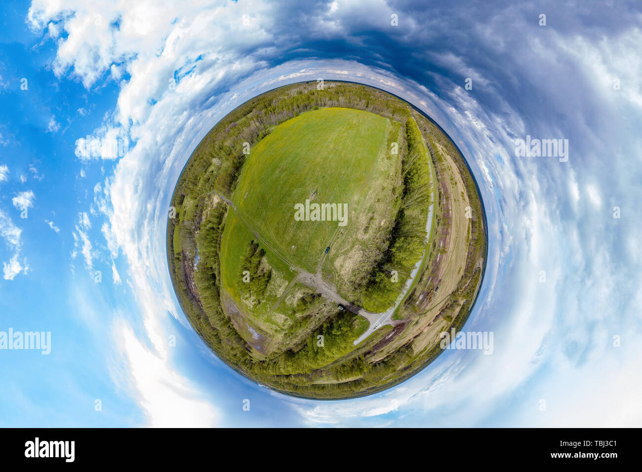 Panorama 360 degrees aerial view of green meadow and field near the ...