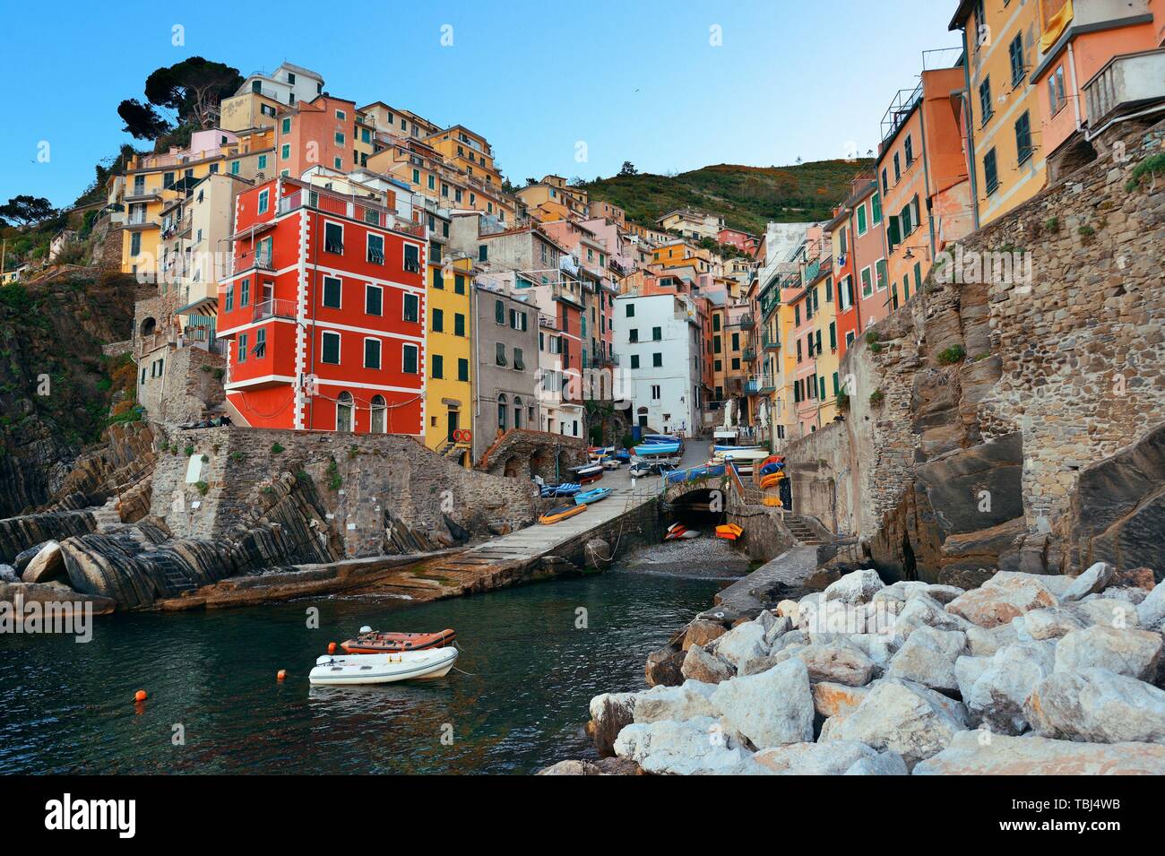 Riomaggiore waterfront view with buildings in Cinque Terre, Italy Stock ...