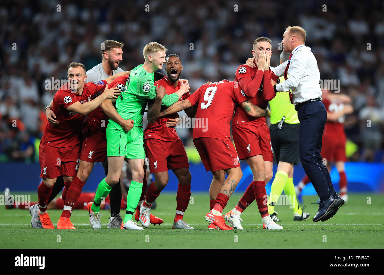 Liverpool players celebrate at the final whistle after the UEFA ...