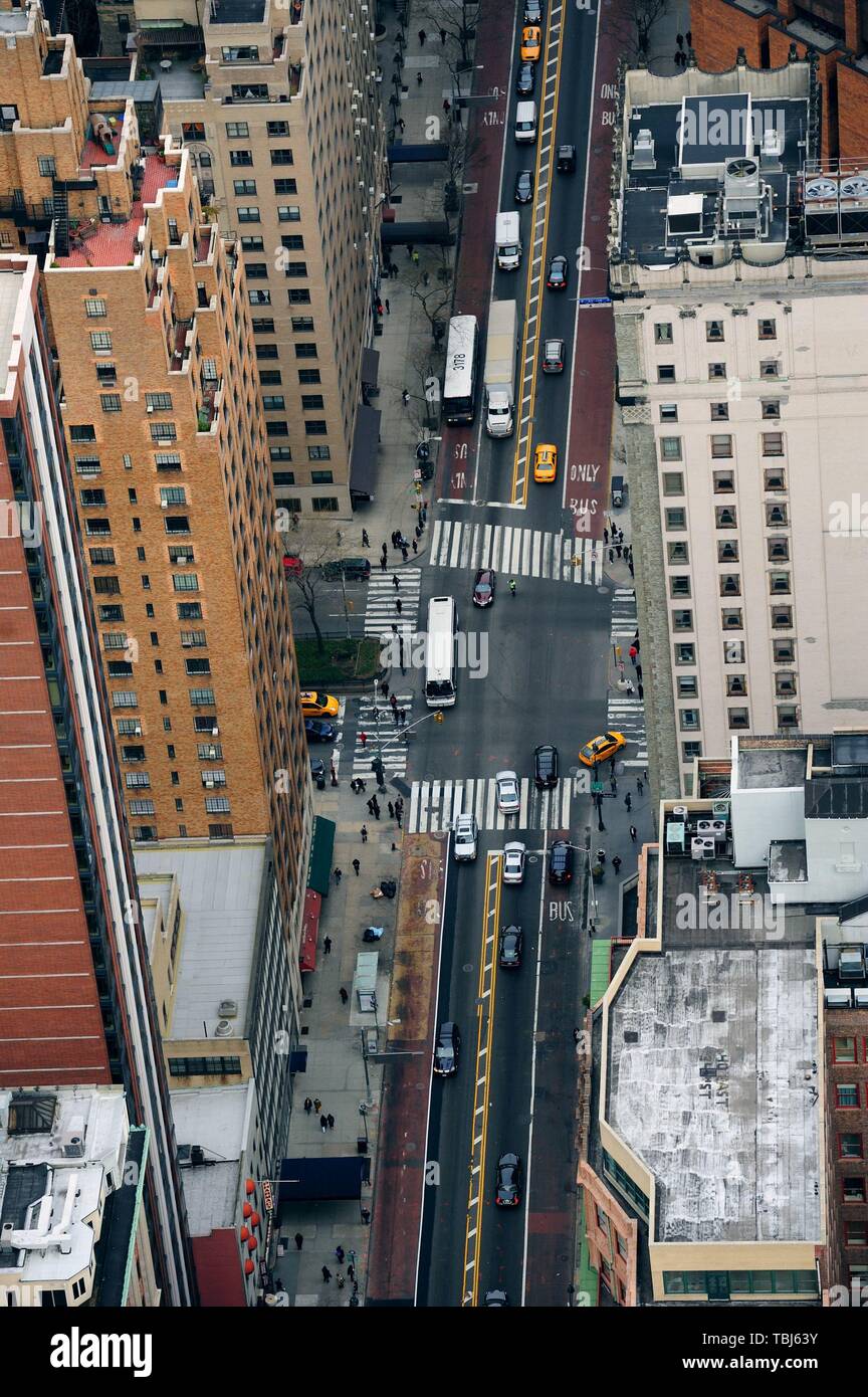 New York City Manhattan street aerial view with skyscrapers, pedestrian ...