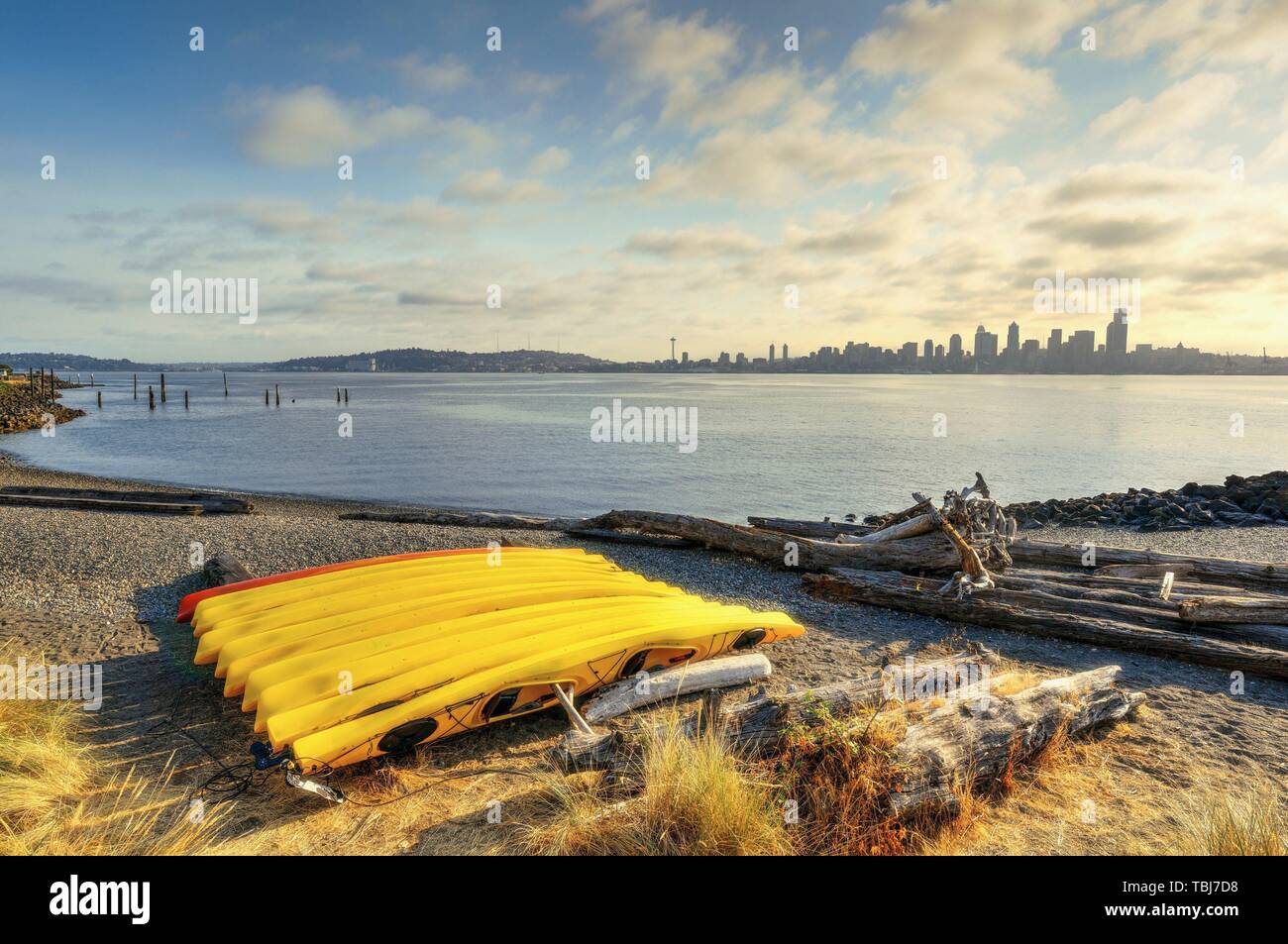 Canoe and Seattle skyline at waterfront Stock Photo - Alamy