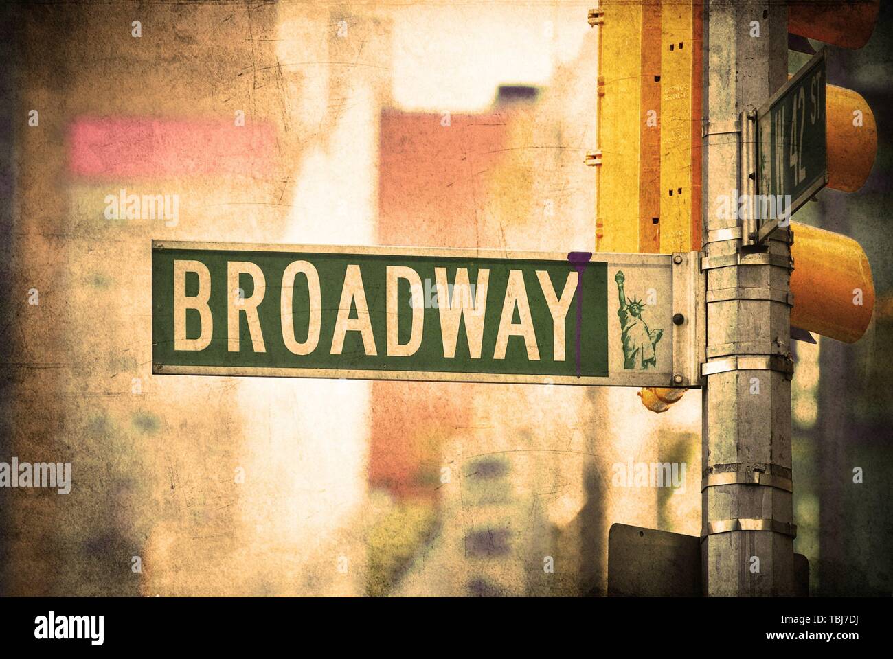 Broadway road sign in Manhattan New York City with skyscrapers Stock ...