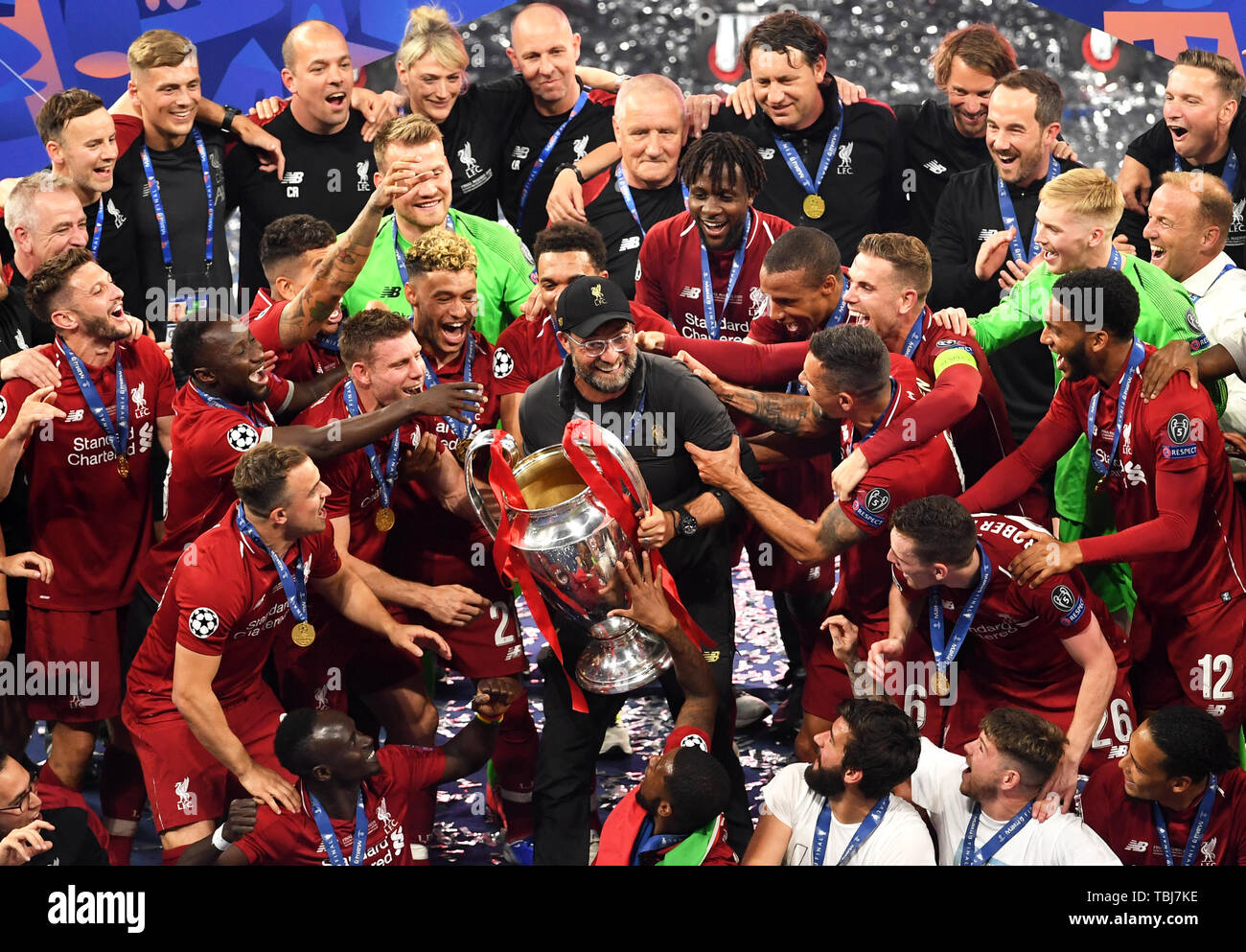 Liverpool manager Jurgen Klopp lifts the UEFA Champions League Trophy ...