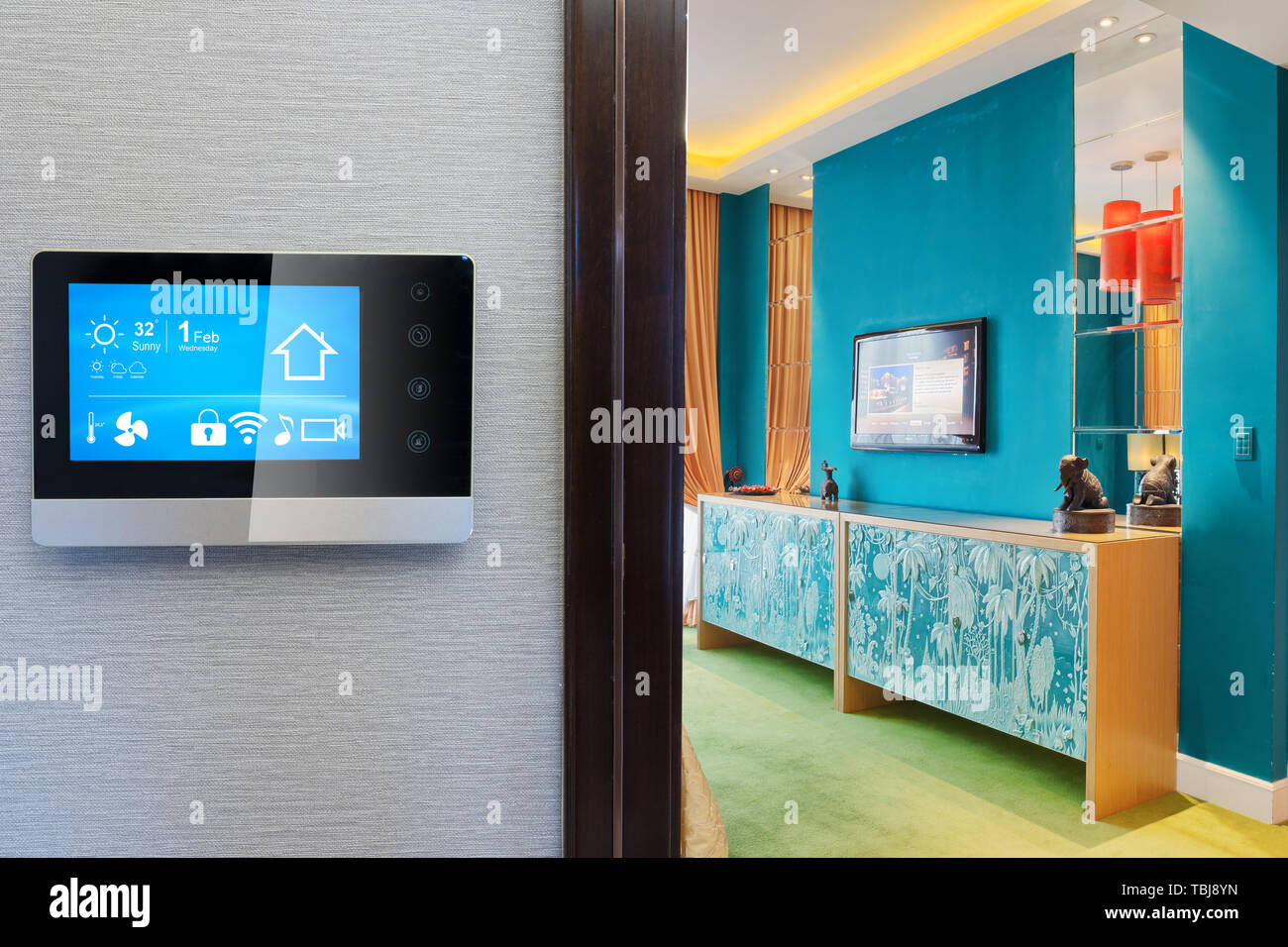 smart screen with smart home with modern living room Stock Photo - Alamy