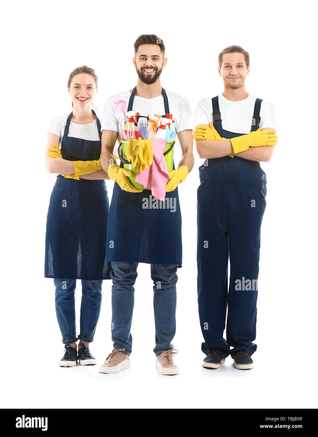 Cleaning service workers on white background Stock Photo - Alamy