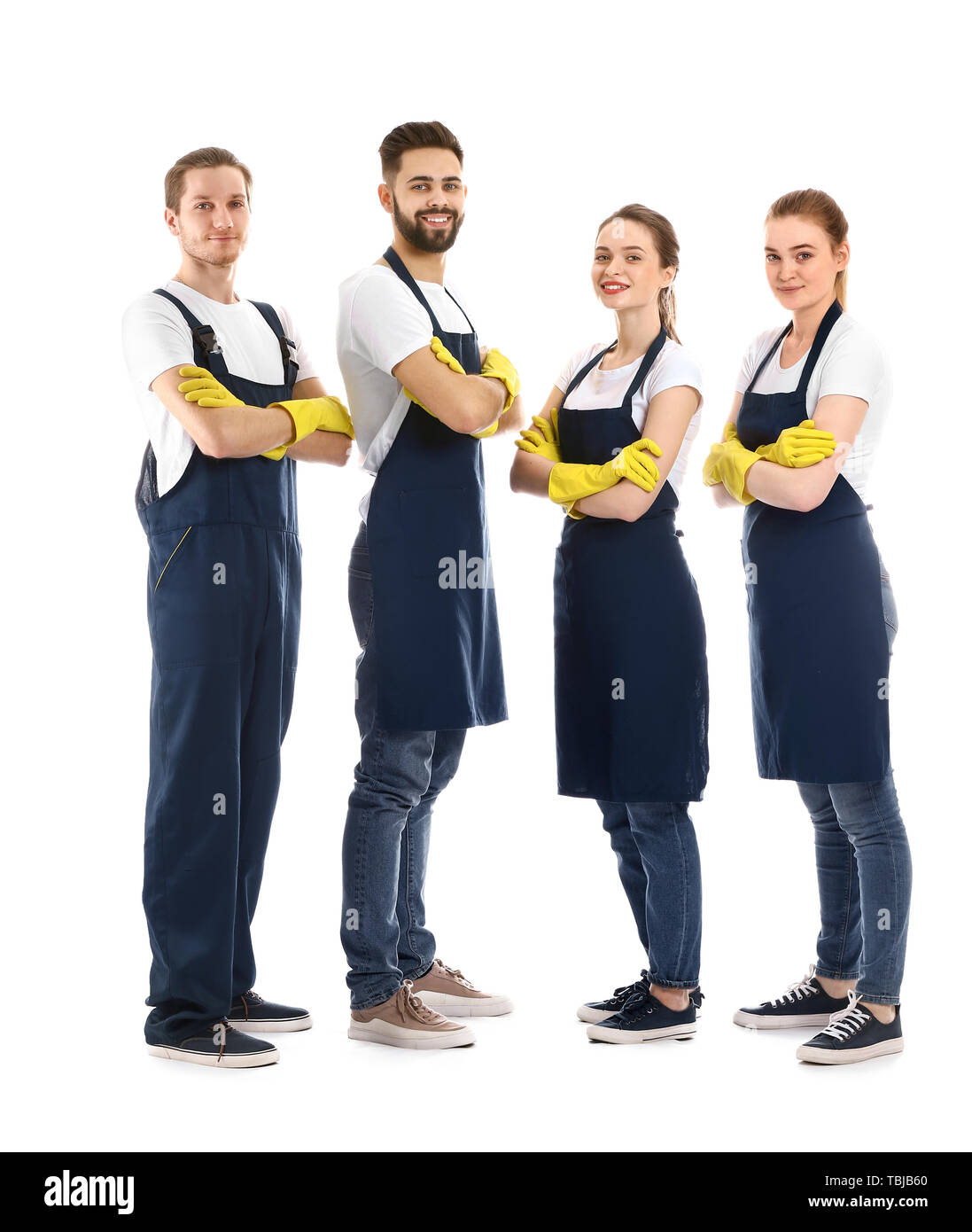 Cleaning service workers on white background Stock Photo - Alamy