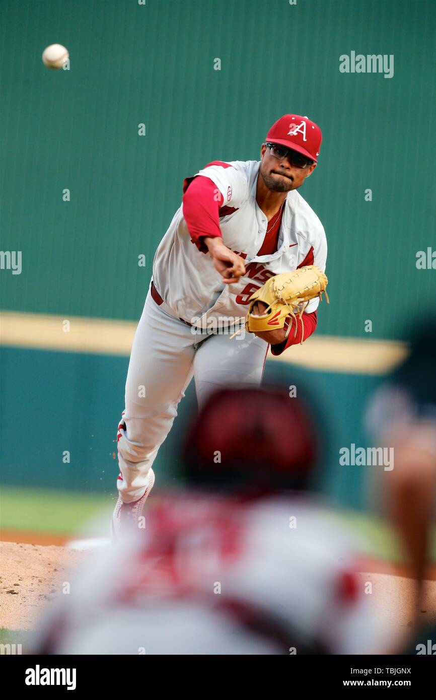 The Plate. 1st June, 2019. Razorback starting pitcher Isaiah Campbell ...