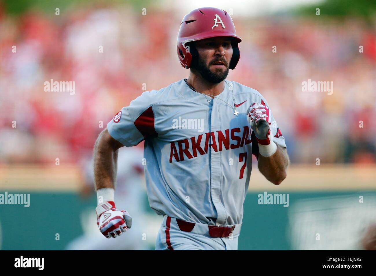 June 1, 2019: Jack Kenley #7 Arkansas second baseman makes his way down ...