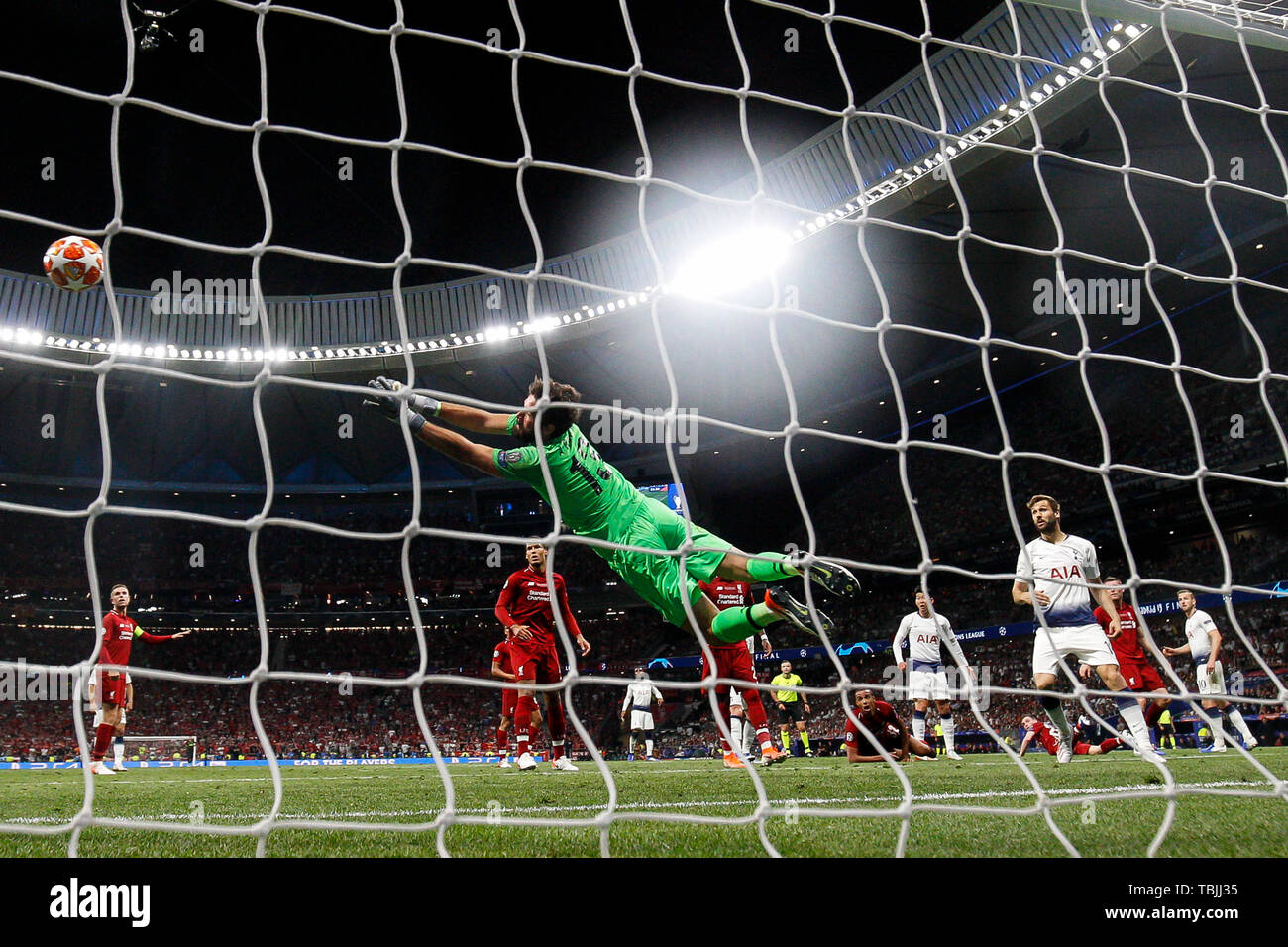 Madrid, Spain. 01st June, 2019. Alisson Becker of Liverpool makes a ...