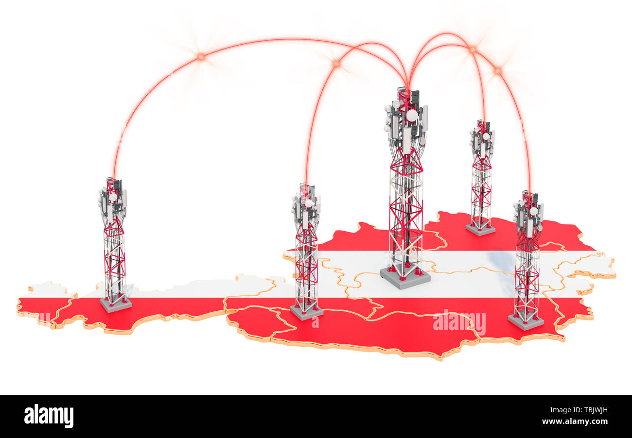 Mobile communications in Austria, cell towers on the map. 3D rendering isolated on white ...