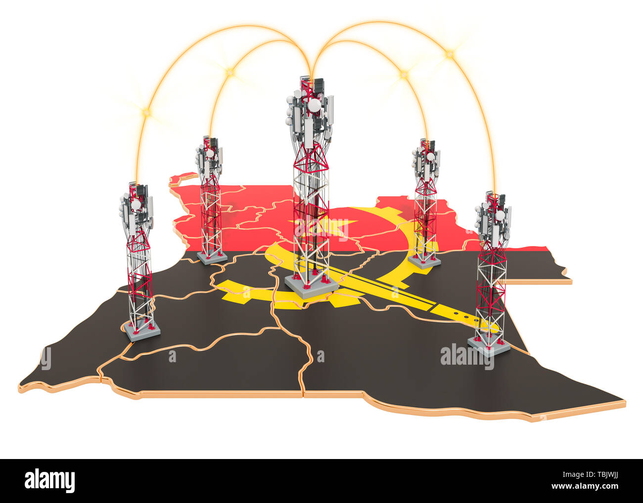 Mobile communications in Angola, cell towers on the map. 3D rendering ...