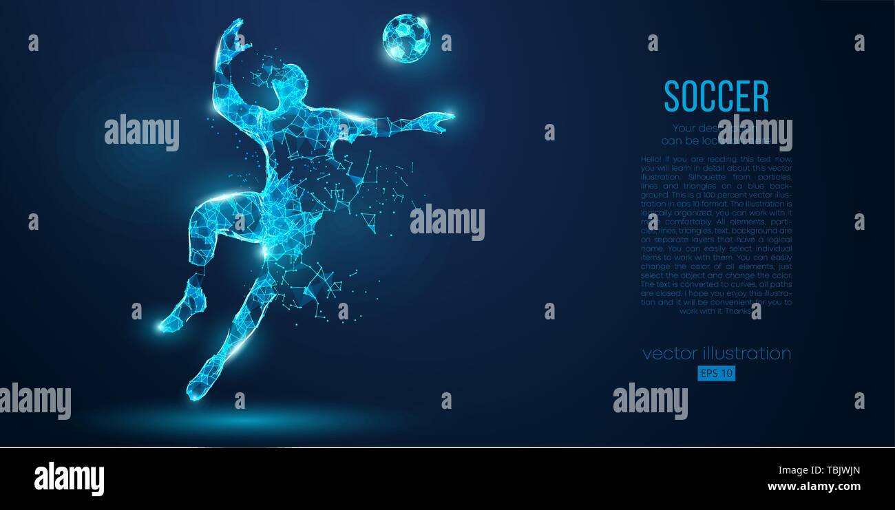 Abstract soccer player, footballer from particles on blue background ...