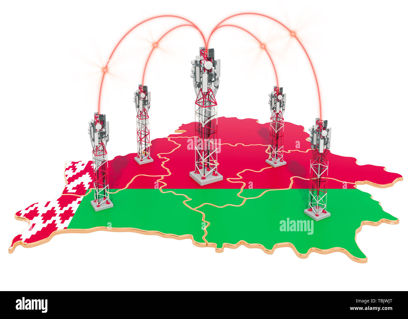 Mobile communications in Belarus, cell towers on the map. 3D rendering isolated on white ...