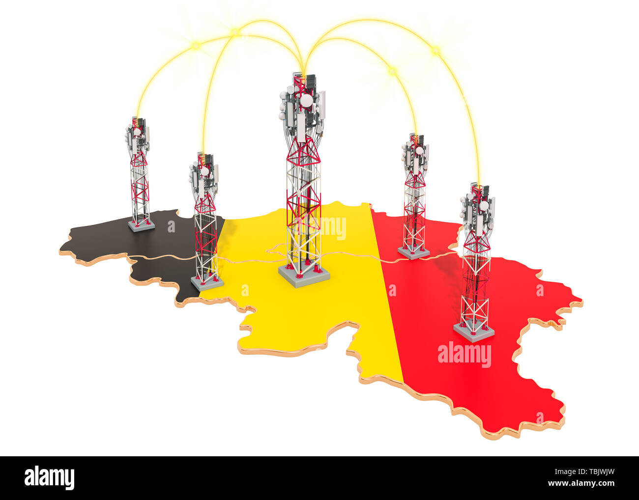 Mobile communications in Belgium, cell towers on the map. 3D rendering isolated on white ...