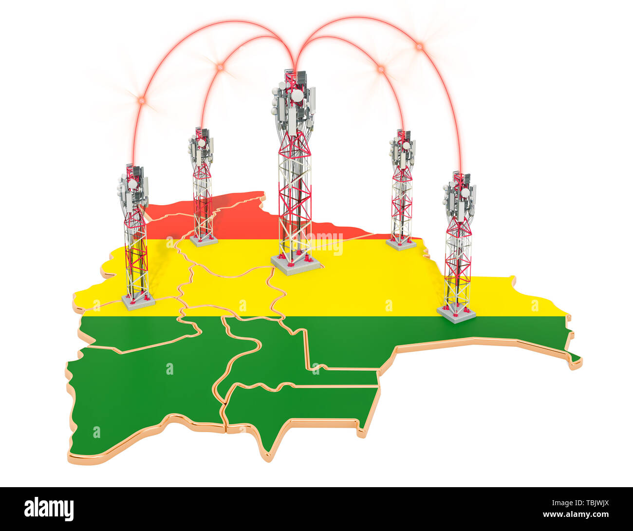 Mobile communications in Bolivia, cell towers on the map. 3D rendering isolated on white ...