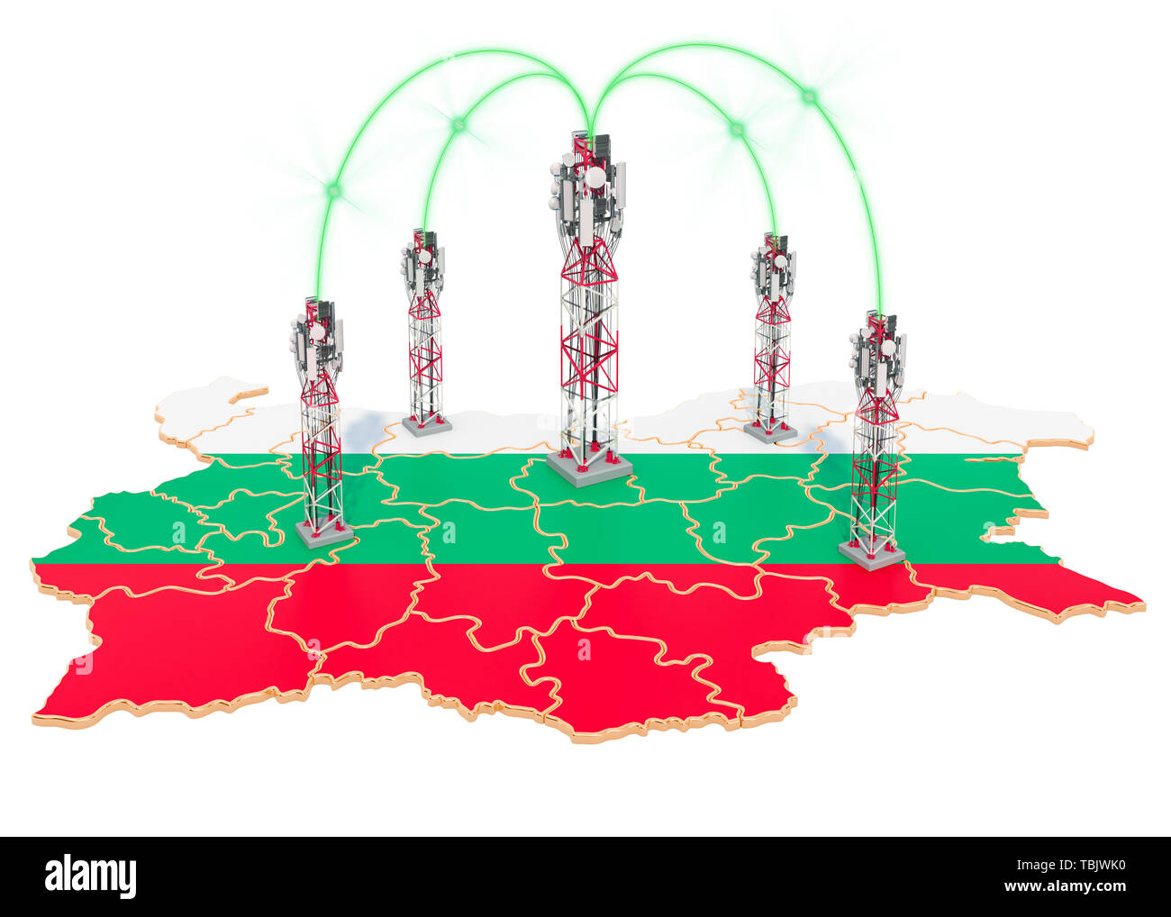 Mobile communications in Bulgaria, cell towers on the map. 3D rendering isolated on white ...